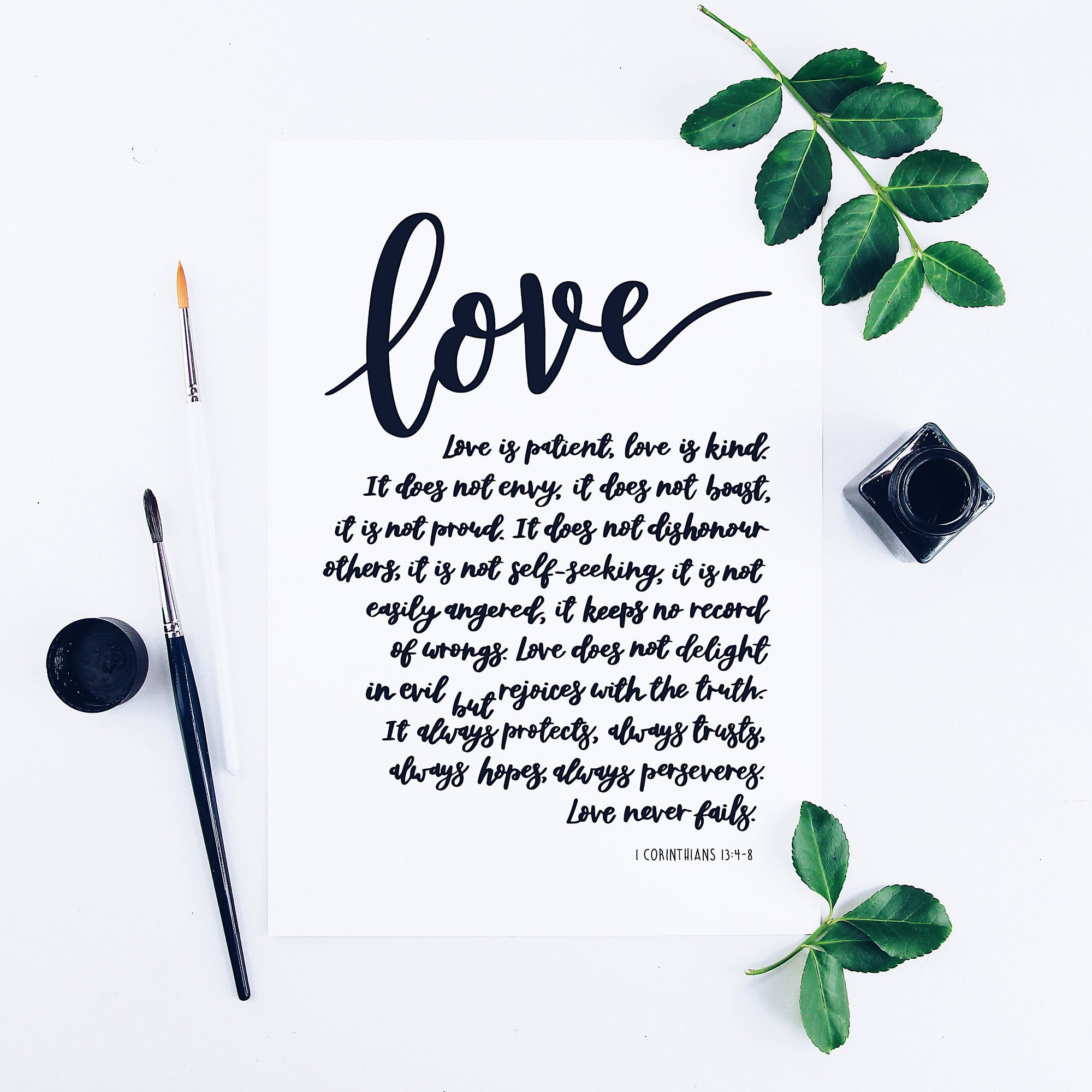 Love is Patient Calligraphy Print - 1 Corinthians 13:4-8 - Christian ...