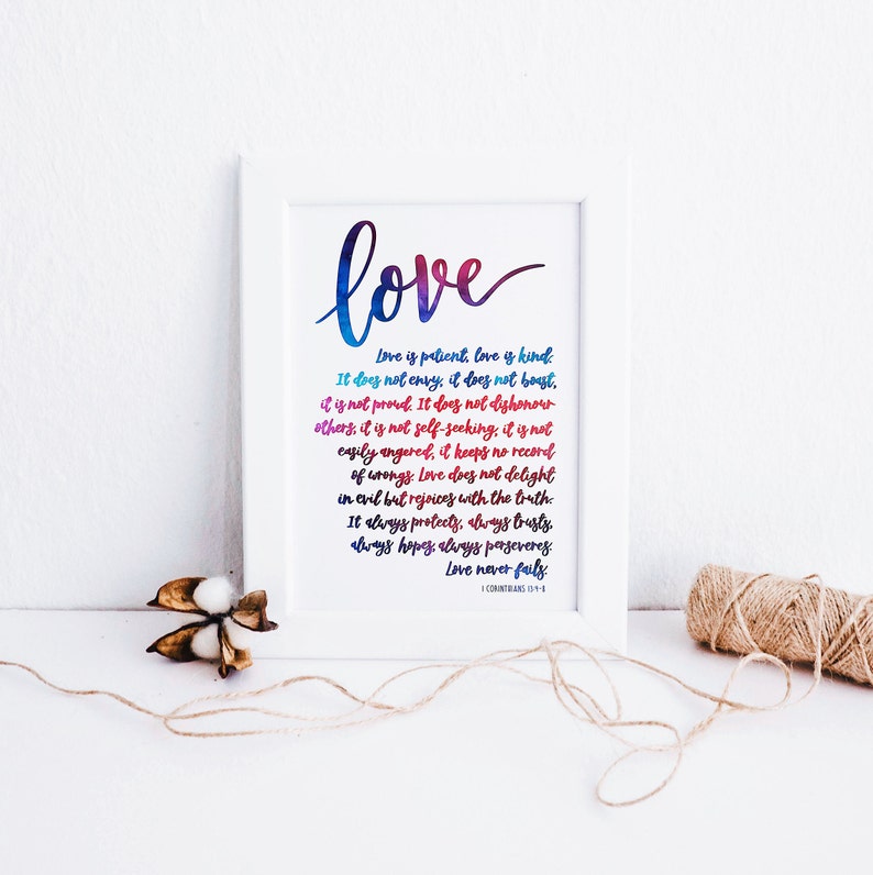Love is Patient Calligraphy Print - 1 Corinthians 13:4-8 - Sunrise and ...