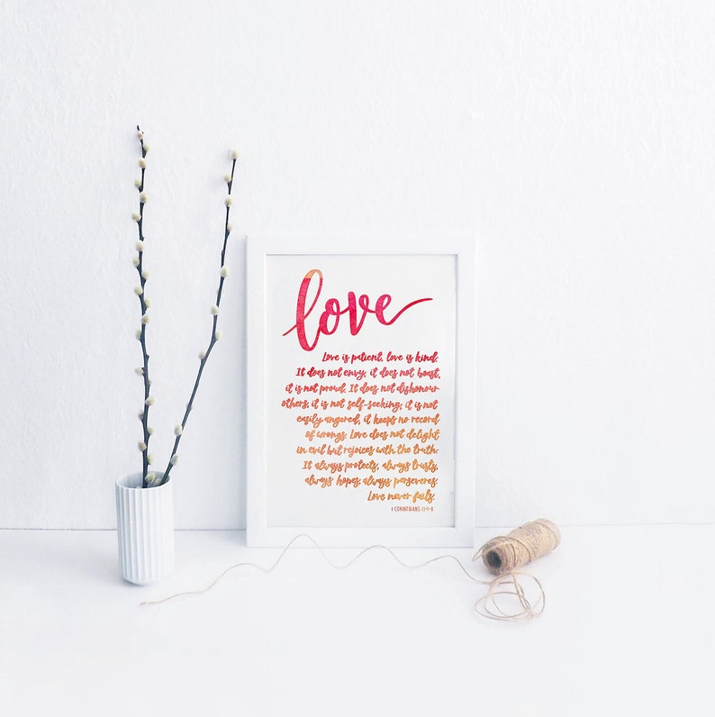 Love is Patient Calligraphy Print - 1 Corinthians 13:4-8 - Sunrise and ...