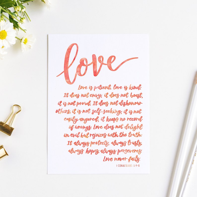 Love is Patient Calligraphy Print - 1 Corinthians 13:4-8 - Christian ...