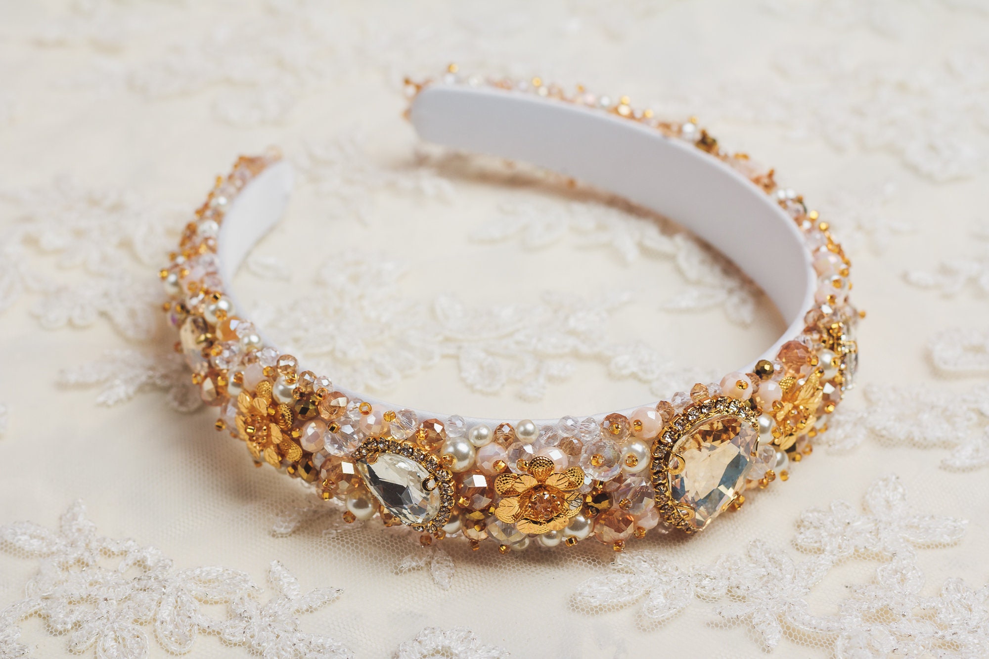 Gold jewelled headband Ivory Wedding hair accessories Beaded | Etsy