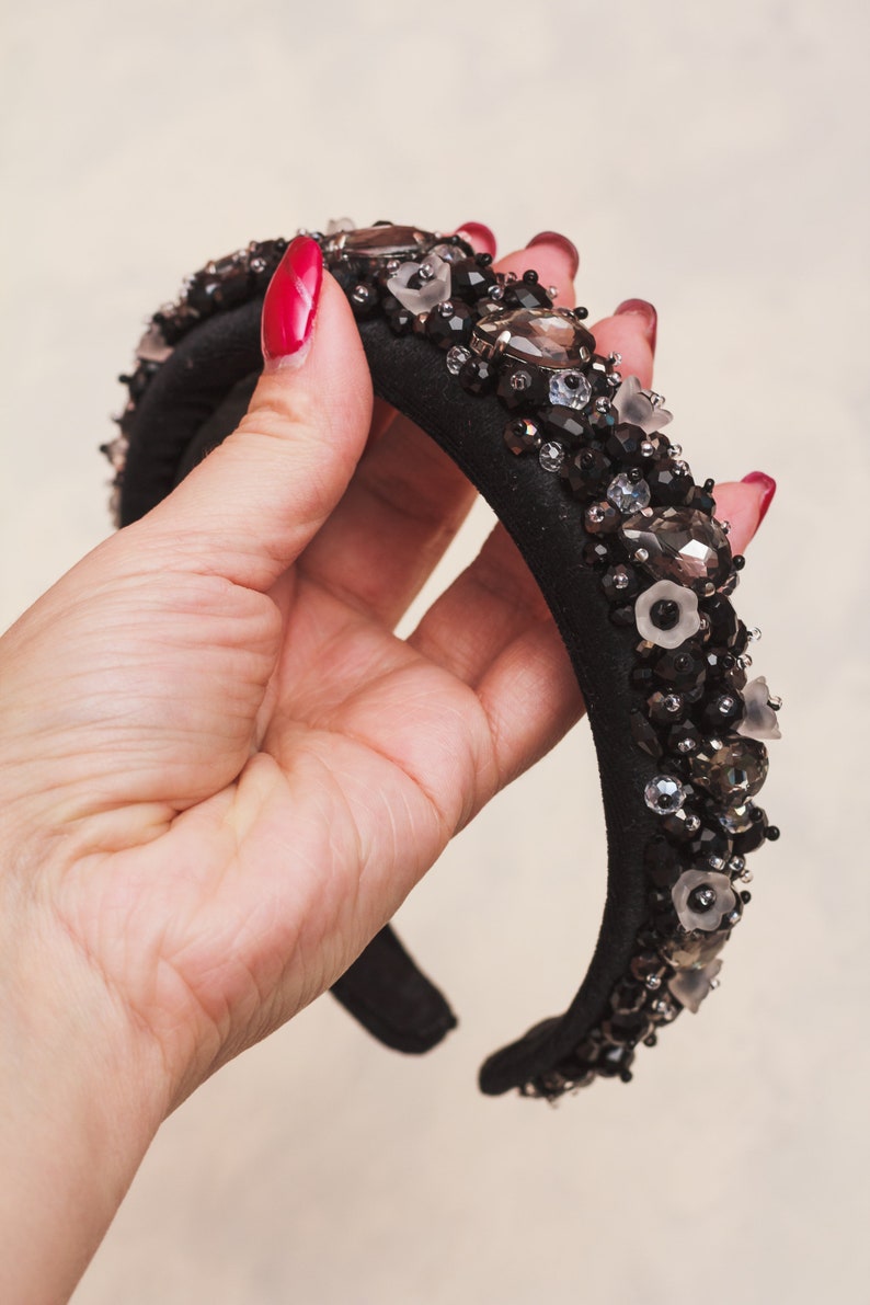 Padded Headbands For Women Black Embellished Headband Jewelled Etsy