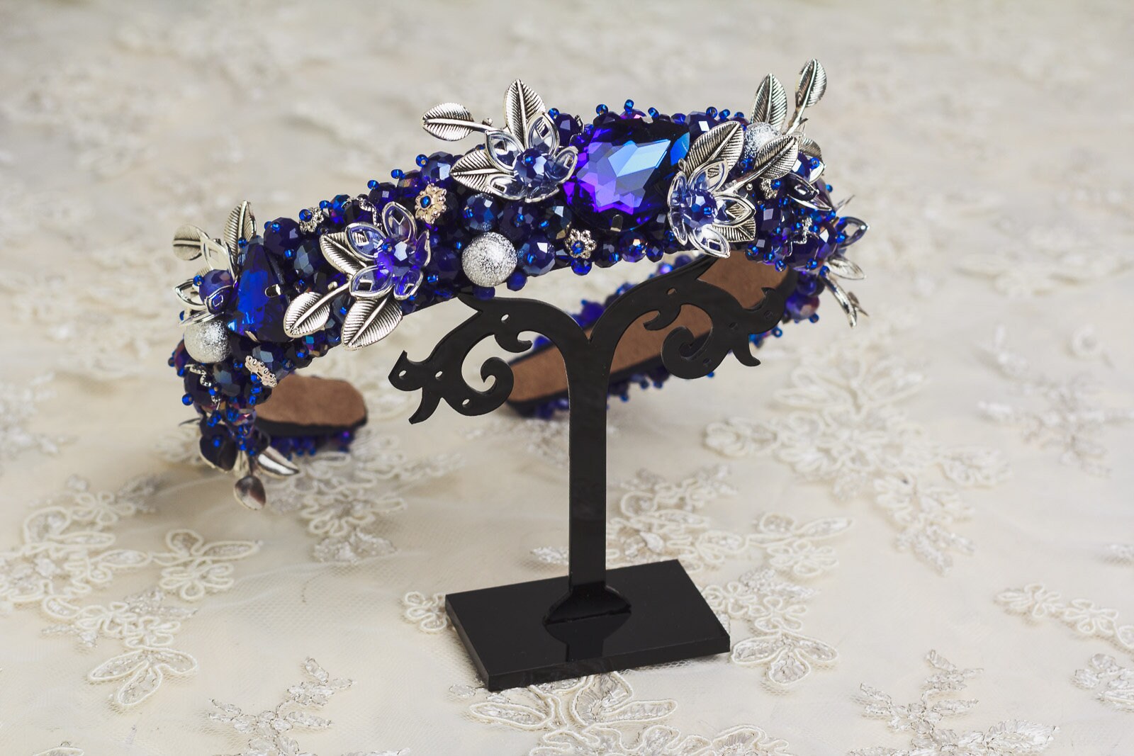 Navy Blue Jeweled Headband Adult Blue Crystal Crown Baroque Etsy