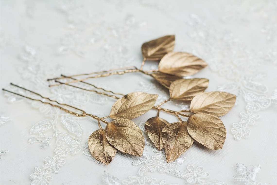 Gold leaf hair pins set Bridal hair piece Fall Wedding hair | Etsy