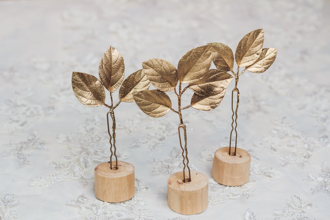Gold leaf hair pins set Bridal hair piece Fall Wedding hair | Etsy