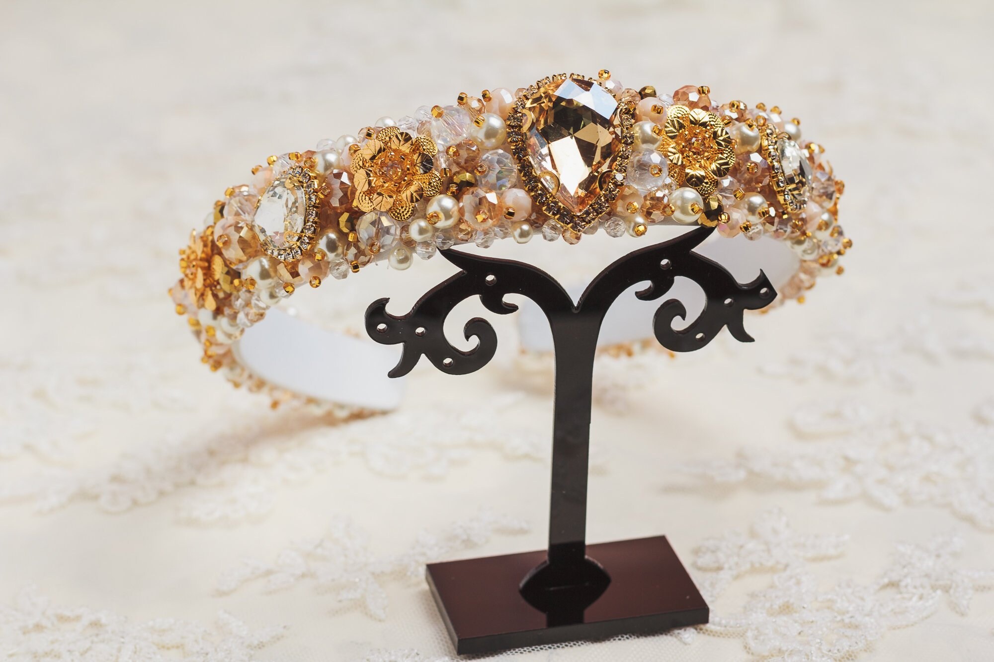 Gold jewelled headband Ivory Wedding hair accessories Beaded | Etsy