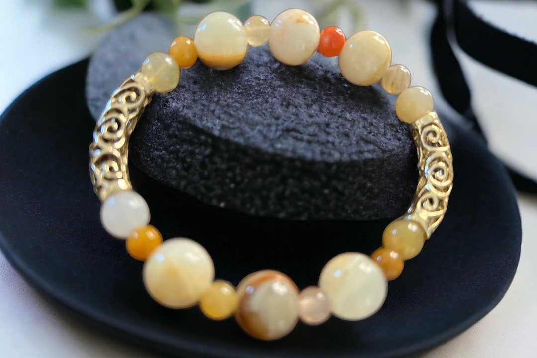 Cream Brown Jade & Light Imperial Jade Stretch Bracelet Handmade ...