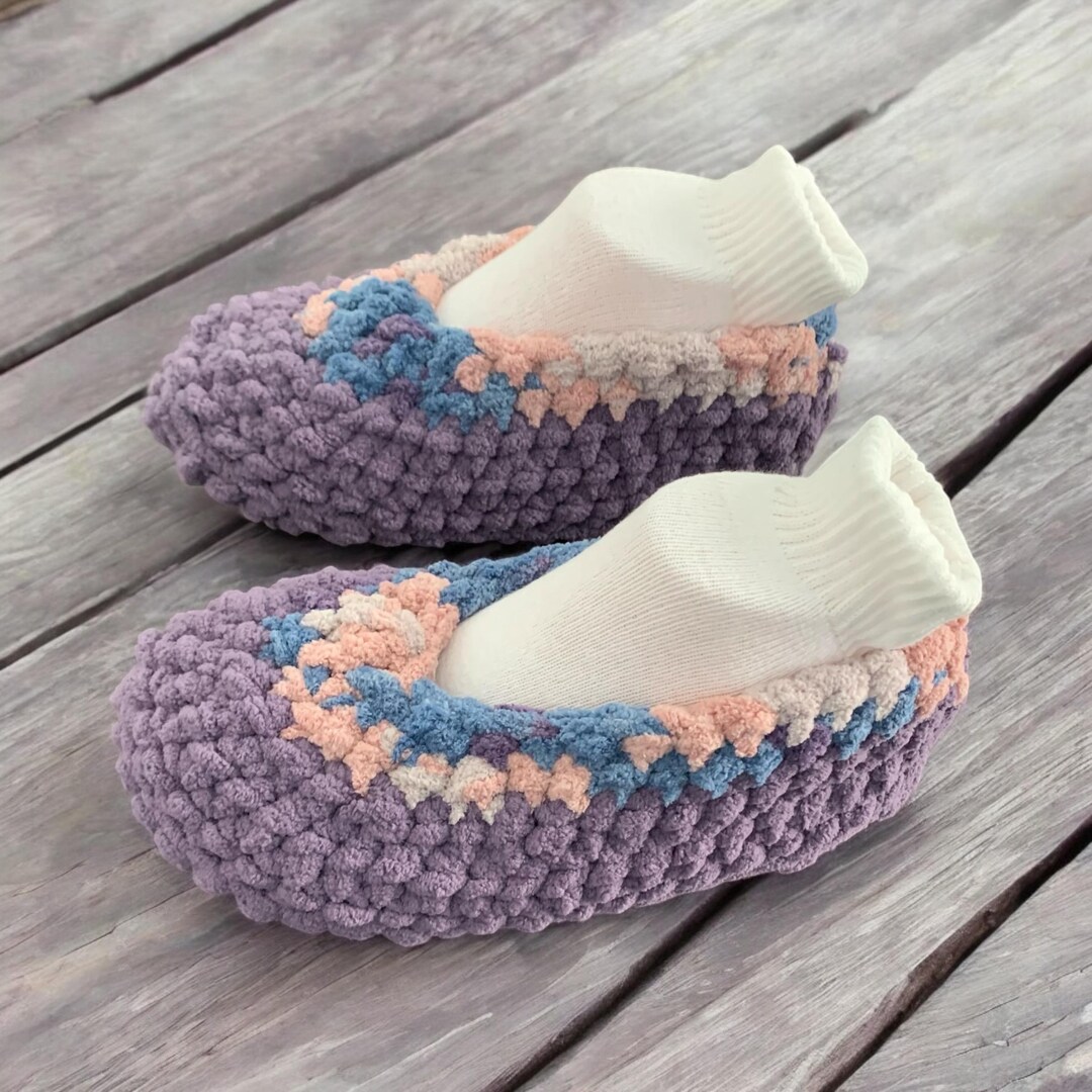 Chenille Crochet Slippers in Pink, Blue, and Lavender “grape Ice ...