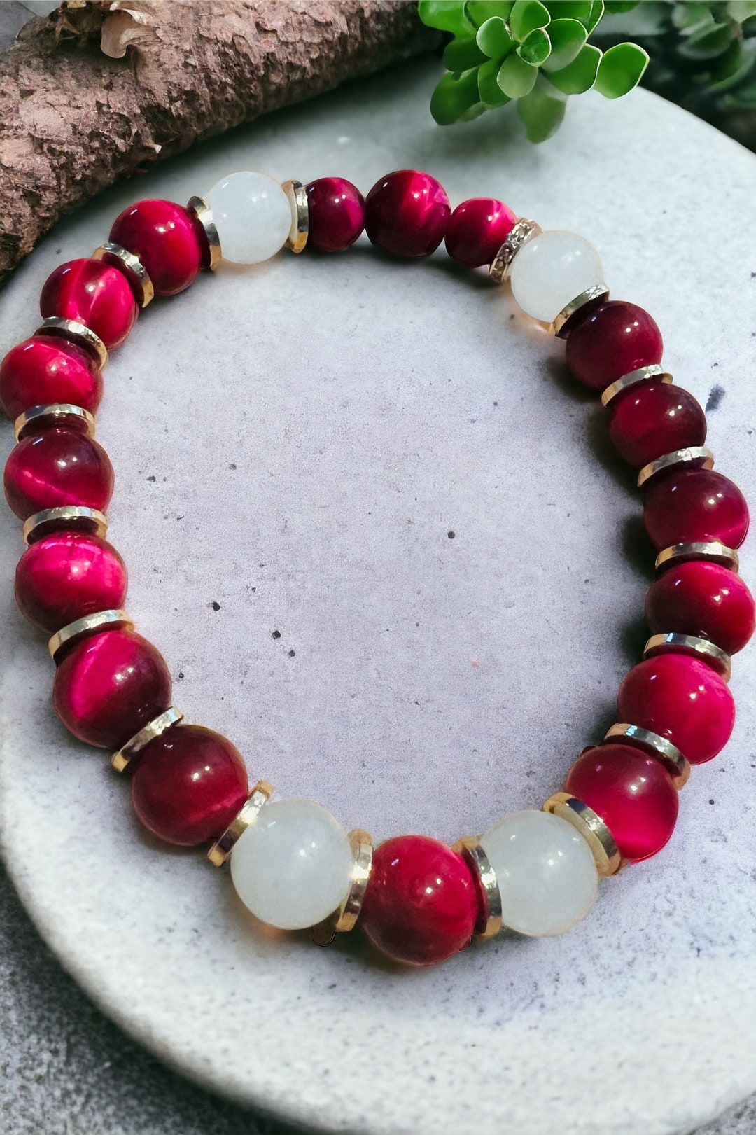 Hot Pink Tiger Eye and White Jade Gemstone Stretch Bracelet Handmade ...