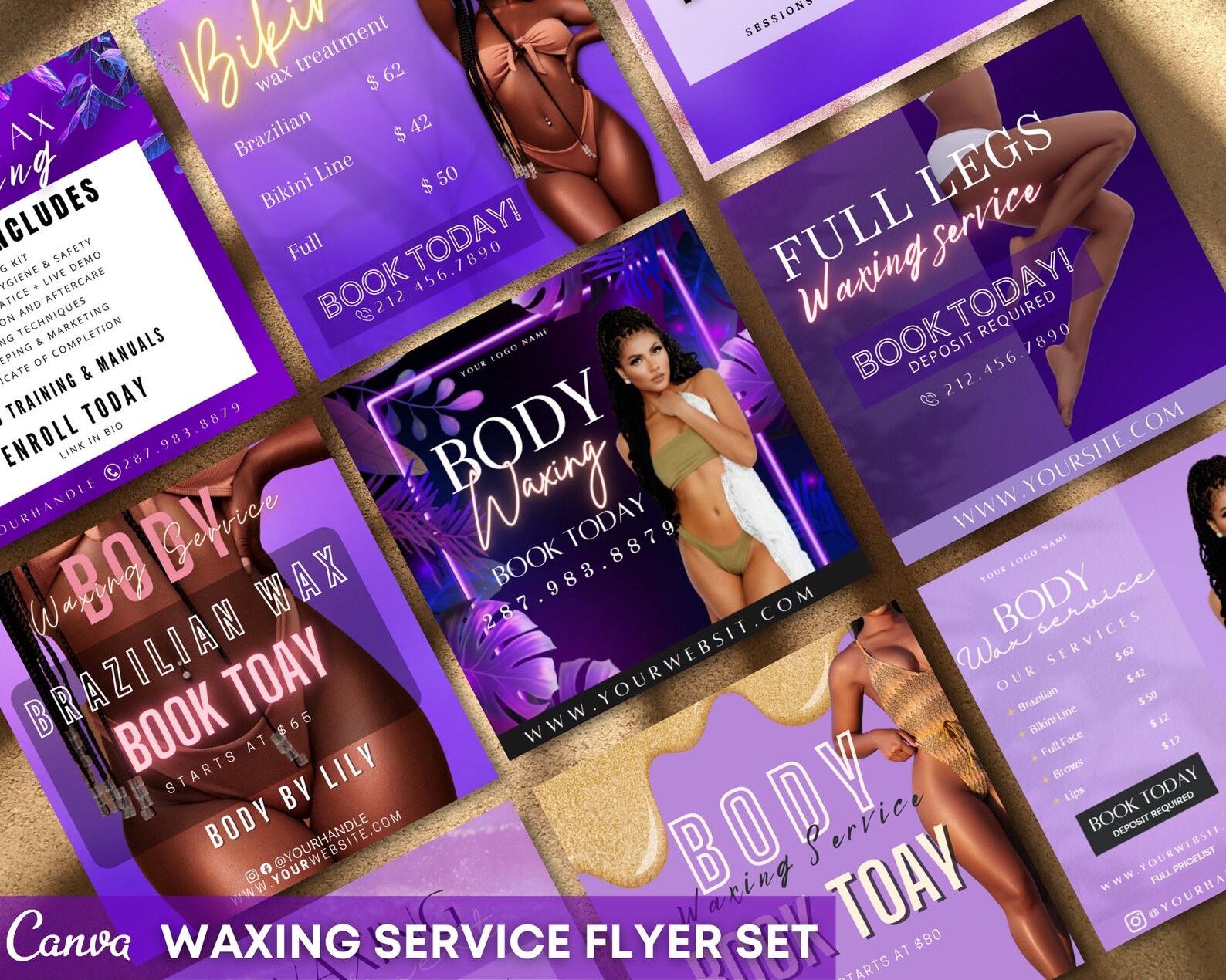 Purple Waxing Service Flyer Bundle D.I.Y Canva Waxing Flyer | Etsy
