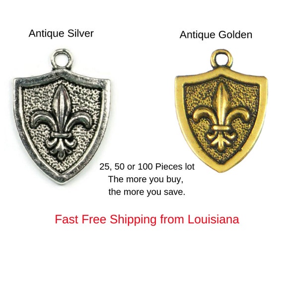 Shield Shape Fleur De Lis Charm for DIY. Choose 25 50 or 100. | Etsy
