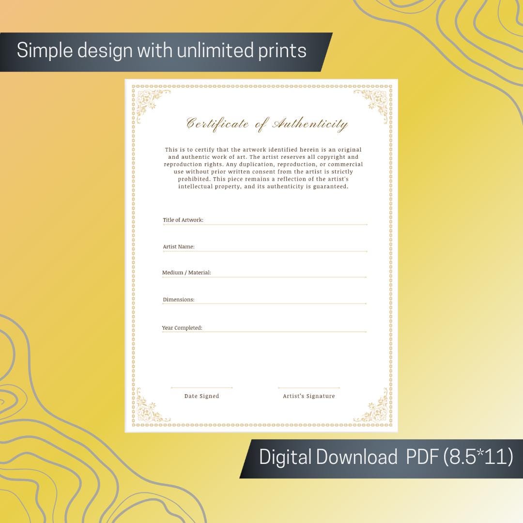 Certificate of Authenticity for Artwork, Printable Certificate of ...