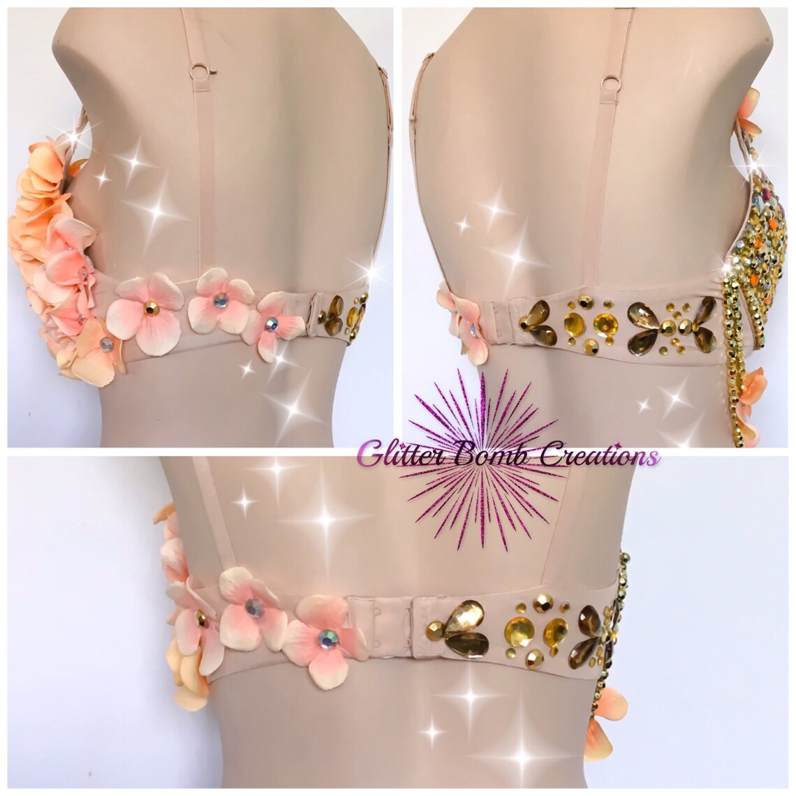 Gold and Peach Rhinestone Flower Rave Bra/ Jewels Festivals | Etsy