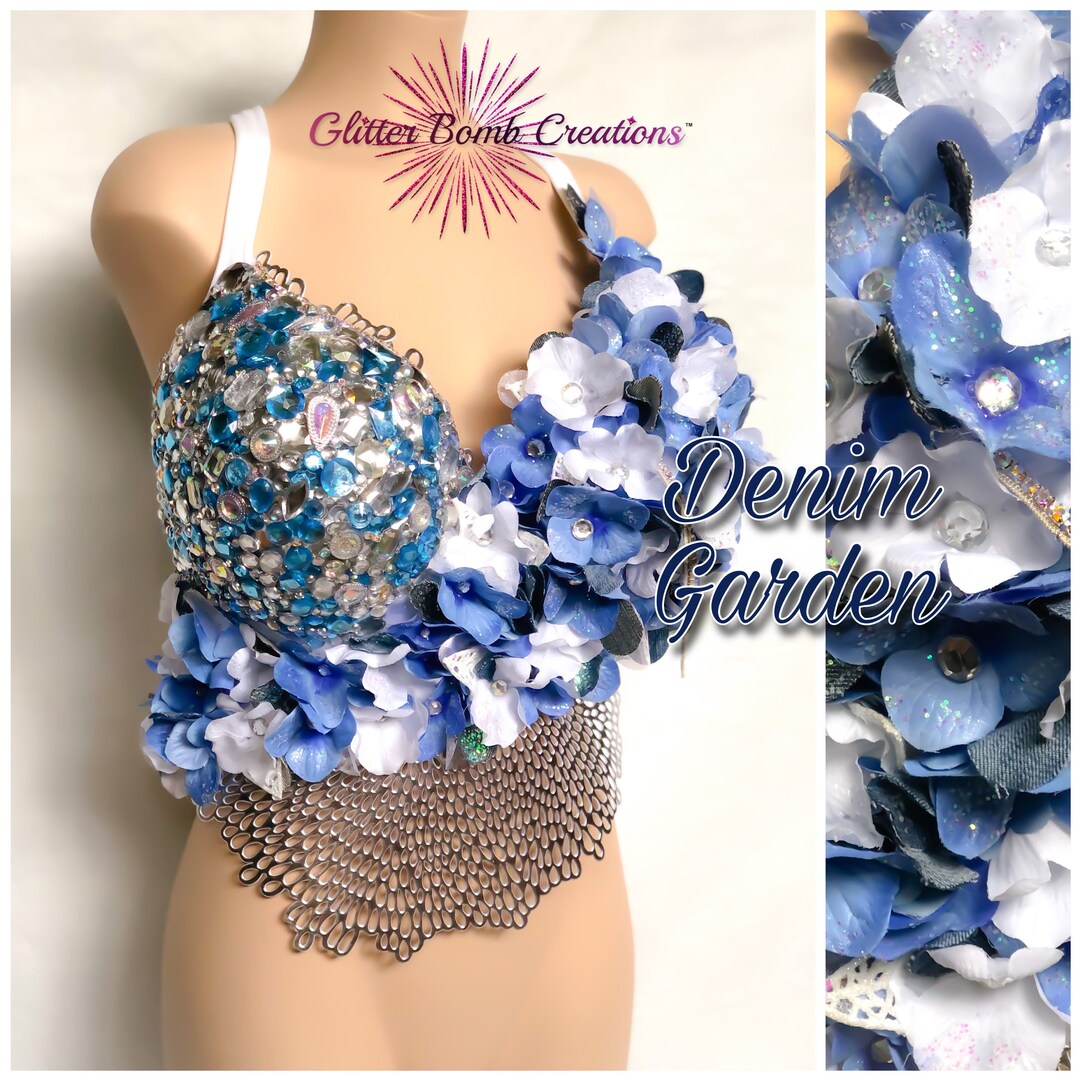 Sparkly Blue and White Rhinestone Flower Rave Bra/ Bling Festival Bra ...