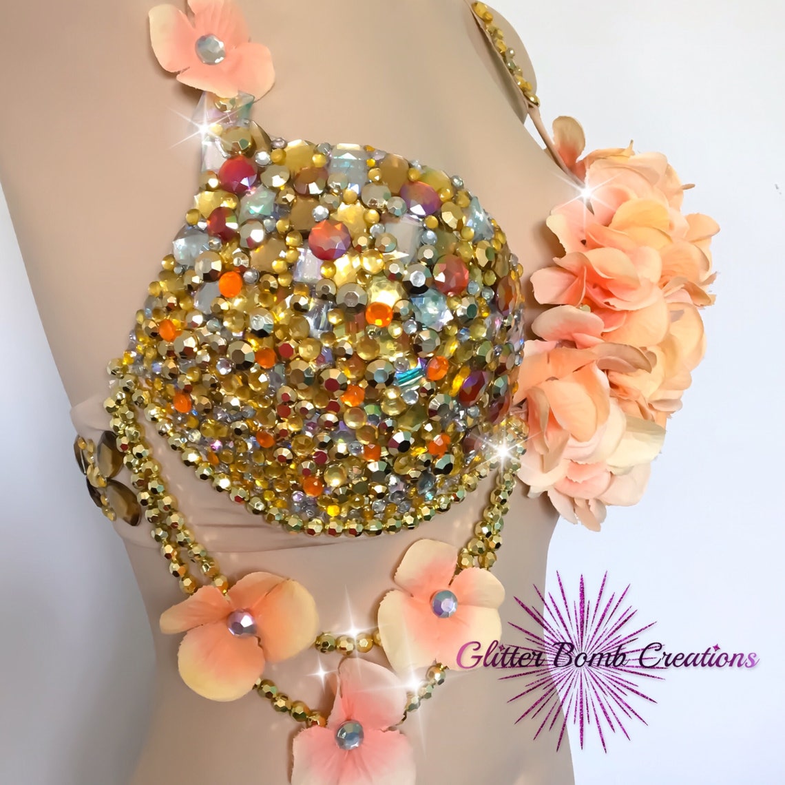 Gold and Peach Rhinestone Flower Rave Bra/ Jewels Festivals | Etsy
