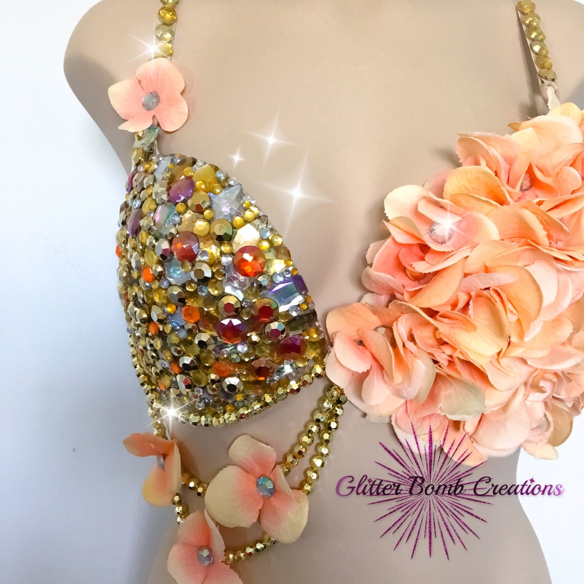 Gold and Peach Rhinestone Flower Rave Bra/ Jewels Festivals | Etsy