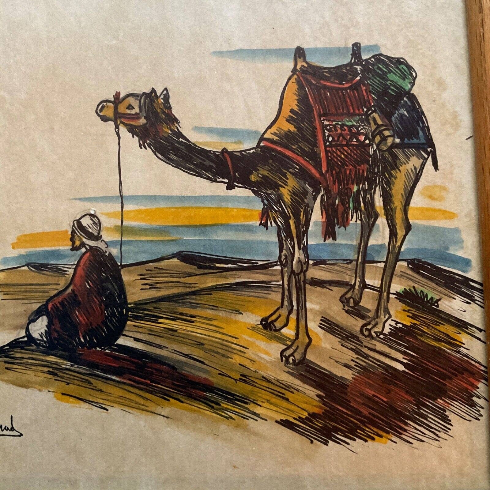 Vintage 70s Landscape Camel Watercolor Ink Painting by Nihad Hand ...