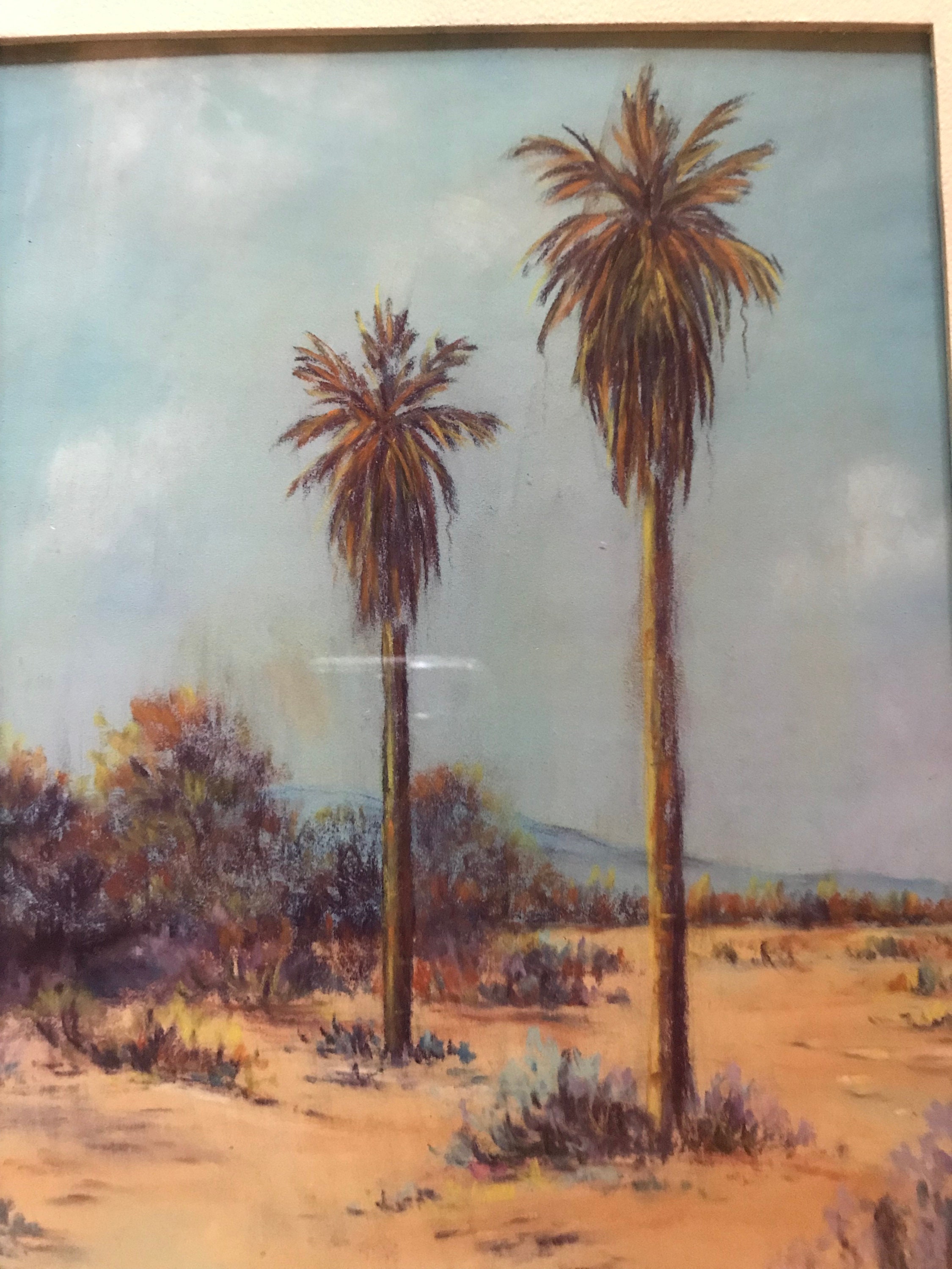 Vintage Desert Landscape Palm Trees Hand Drawn Pastel Chalk Drawing ...