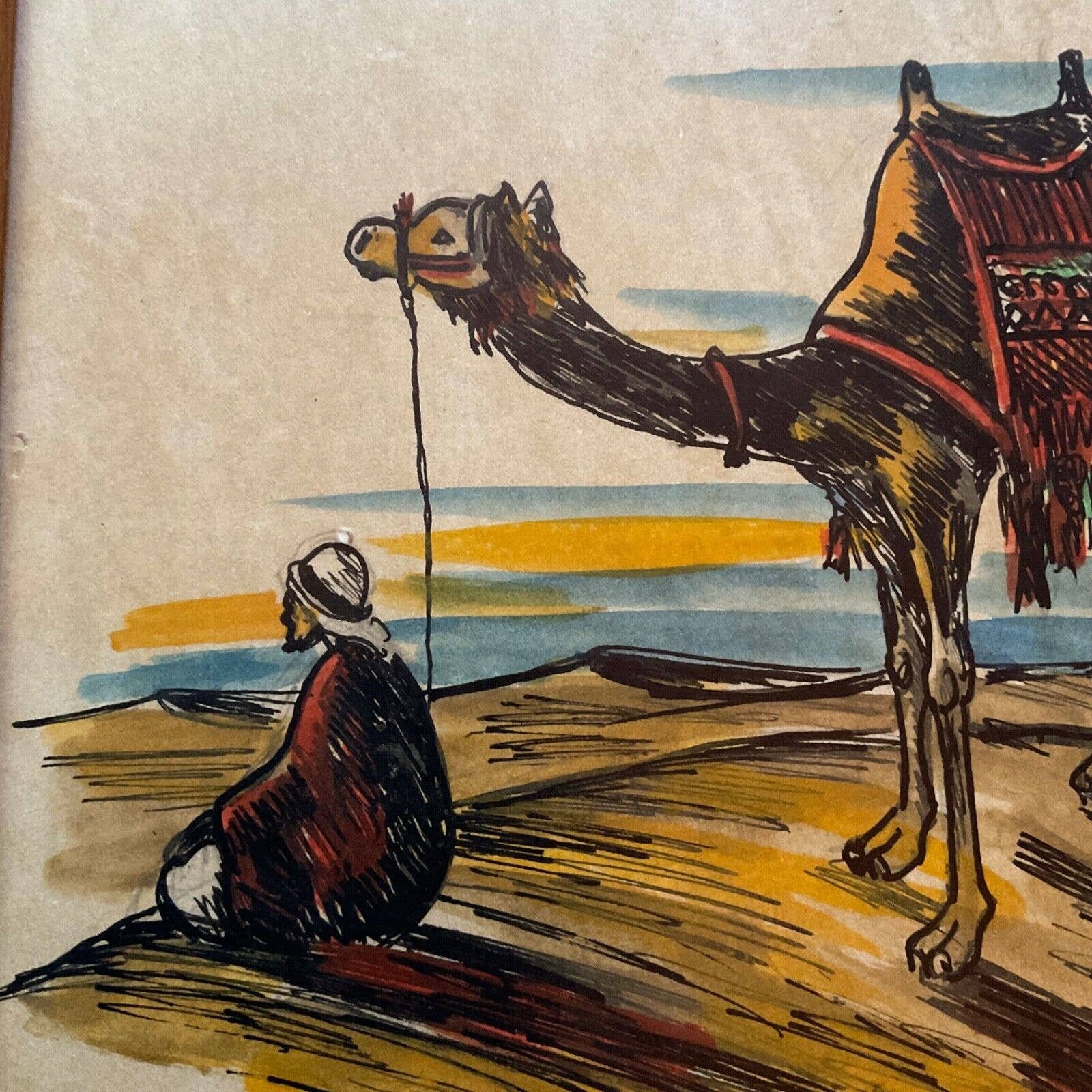 Vintage 70s Landscape Camel Watercolor Ink Painting by Nihad - Etsy