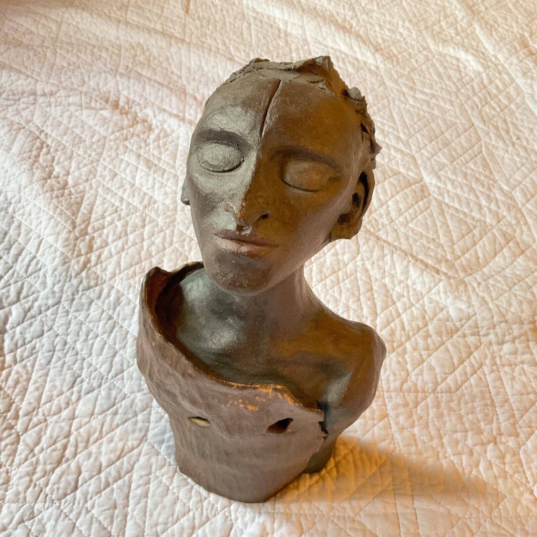 Vintage 70s Man Male Statue Portrait Bust Clay Handmade 12 Inch Art ...