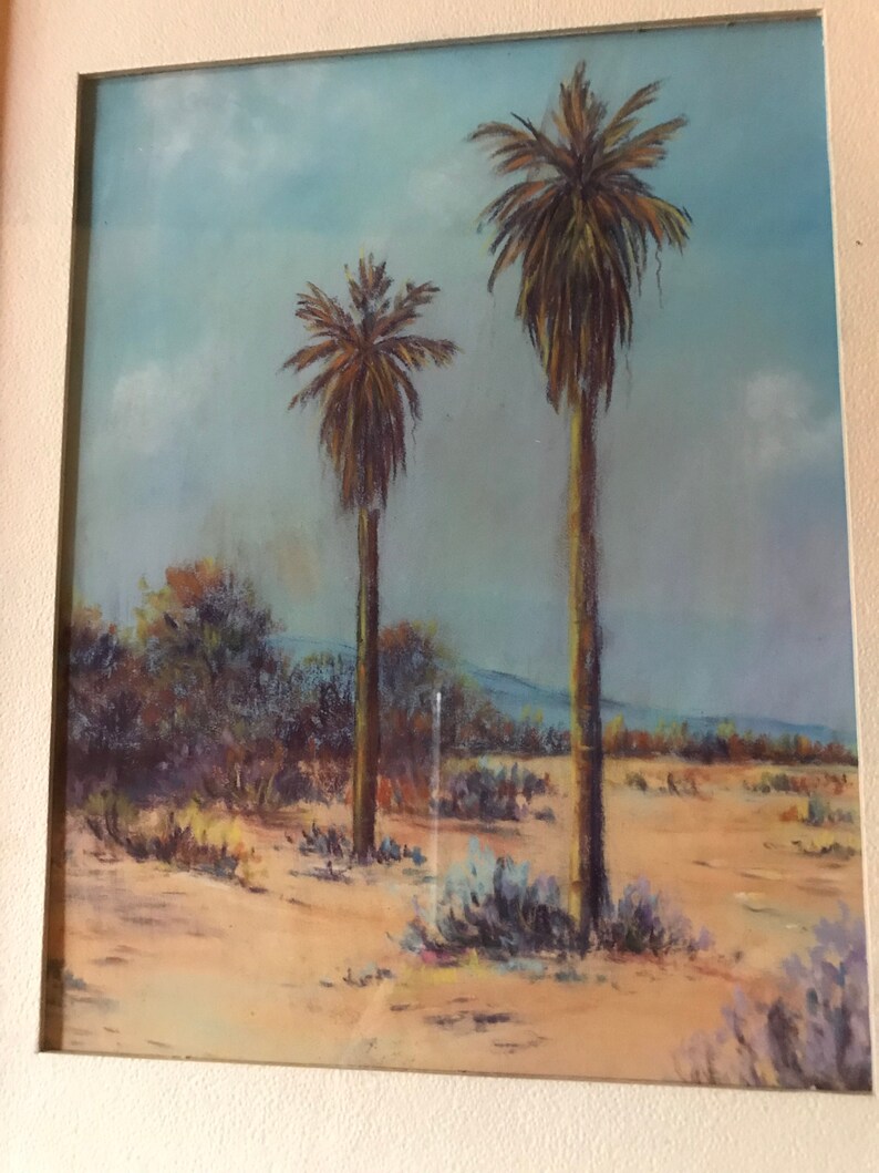 Vintage Desert Landscape Palm Trees Hand Drawn Pastel Chalk Drawing ...