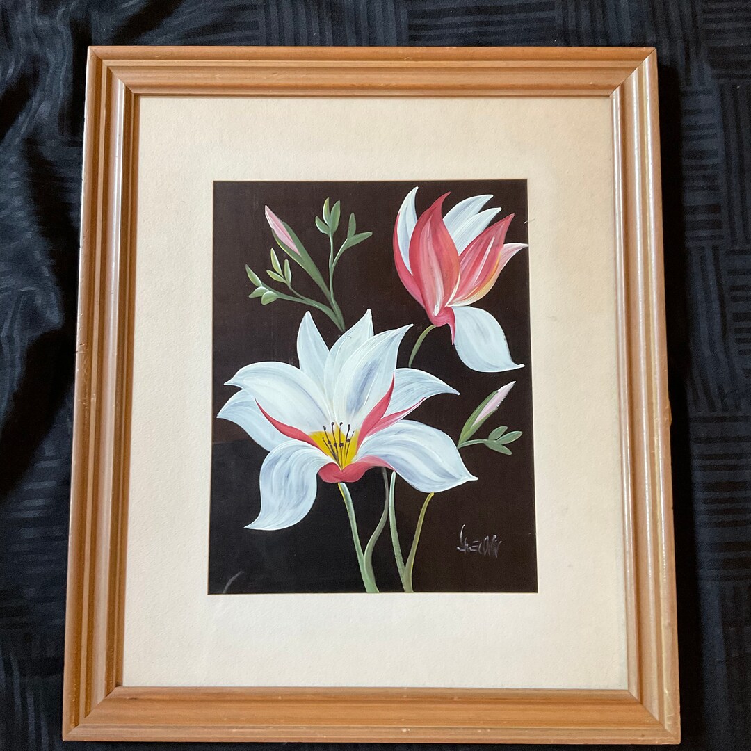 Vintage 50s Hand Painted Original PAINTING Signed Floral Flowers ...
