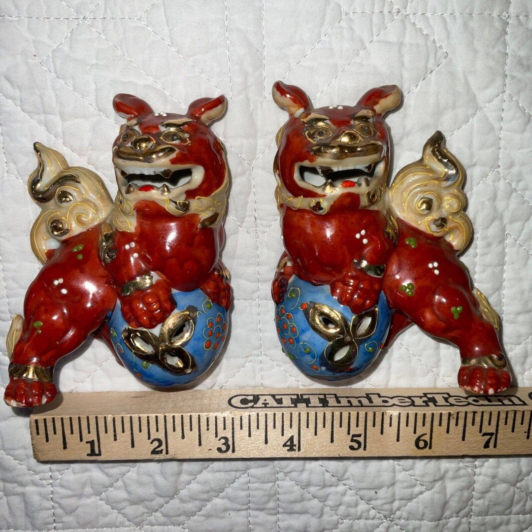 FOO DOGS Antique Vintage Japanese Asian Dragons Deep Rust Gold Small ...