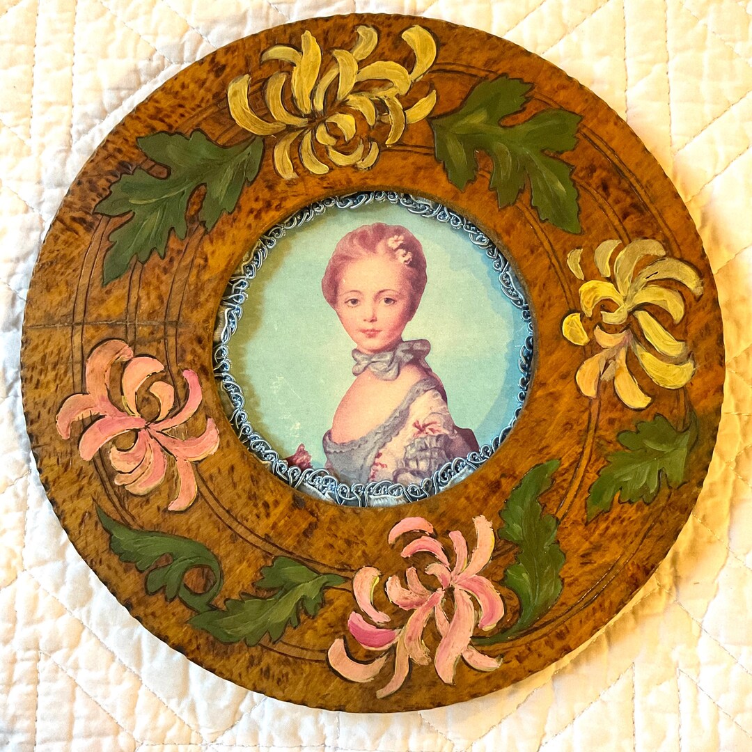 Vintage PYROGRAPHY Frame Woman Portrait Print Mums Flemish Art Oil ...
