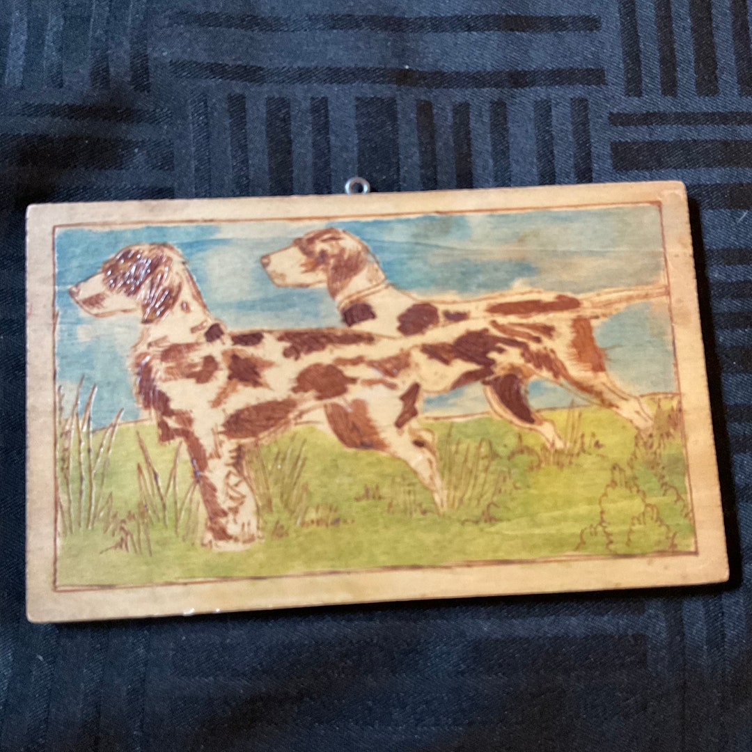 Vintage 60s Pyrography Flemish Art Home Decor Pointers Hunting Dog ...