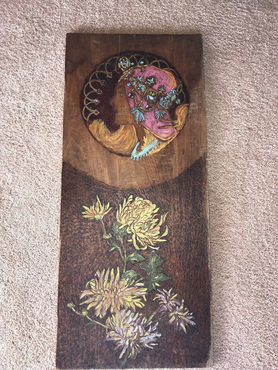 LARGE Vintage PYROGRAPHY Woman Portrait Mums Flemish Art Oil Painting ...