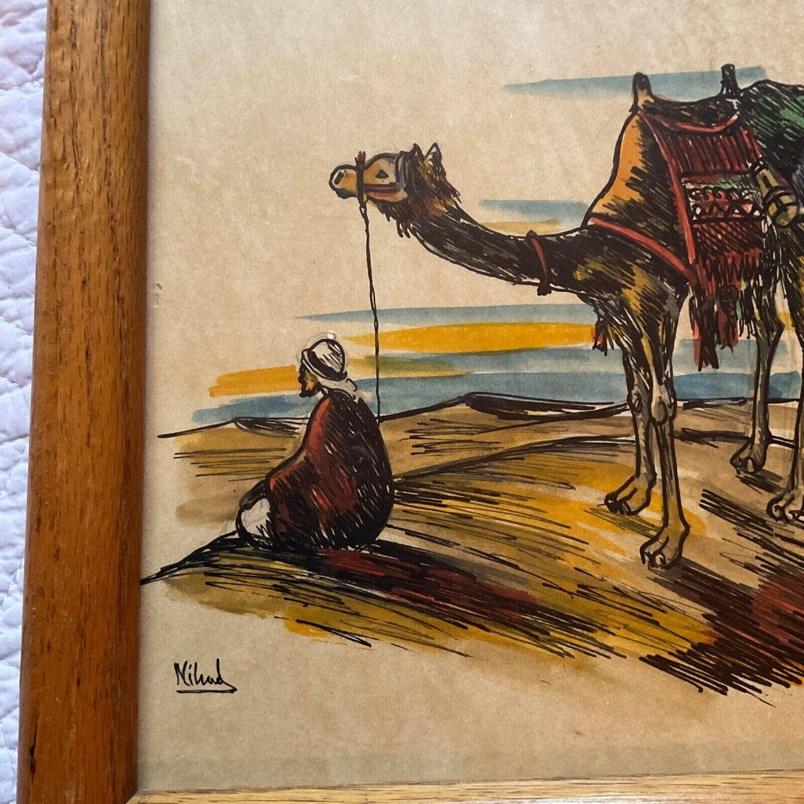 Vintage 70s Landscape Camel Watercolor Ink Painting by Nihad - Etsy