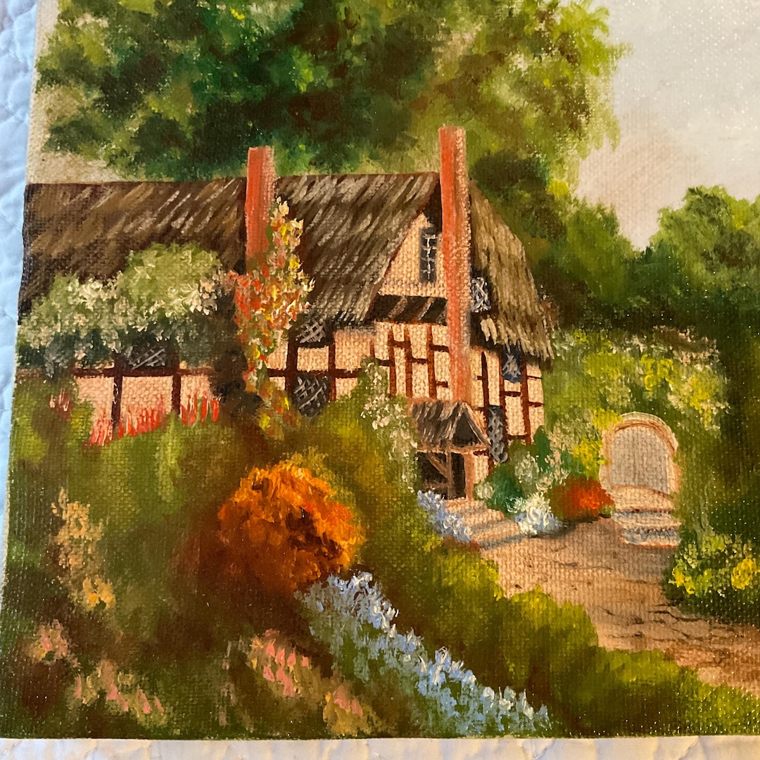 Vintage 90s Cottagecore Painting: Thatched House Landscape Art - Etsy