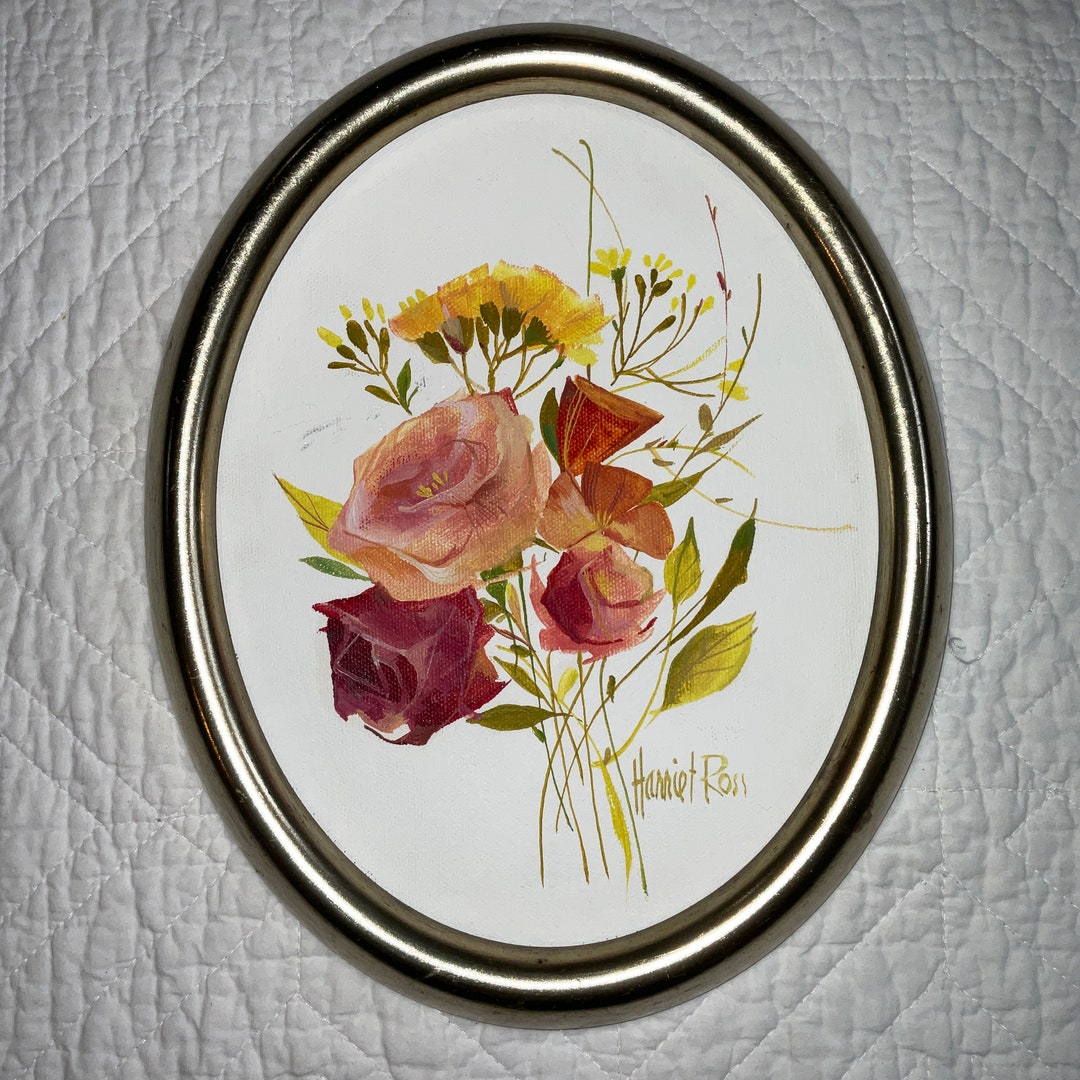 80s Vintage Original PAINTING Signed Ross Floral Flowers Roses Art Hand ...