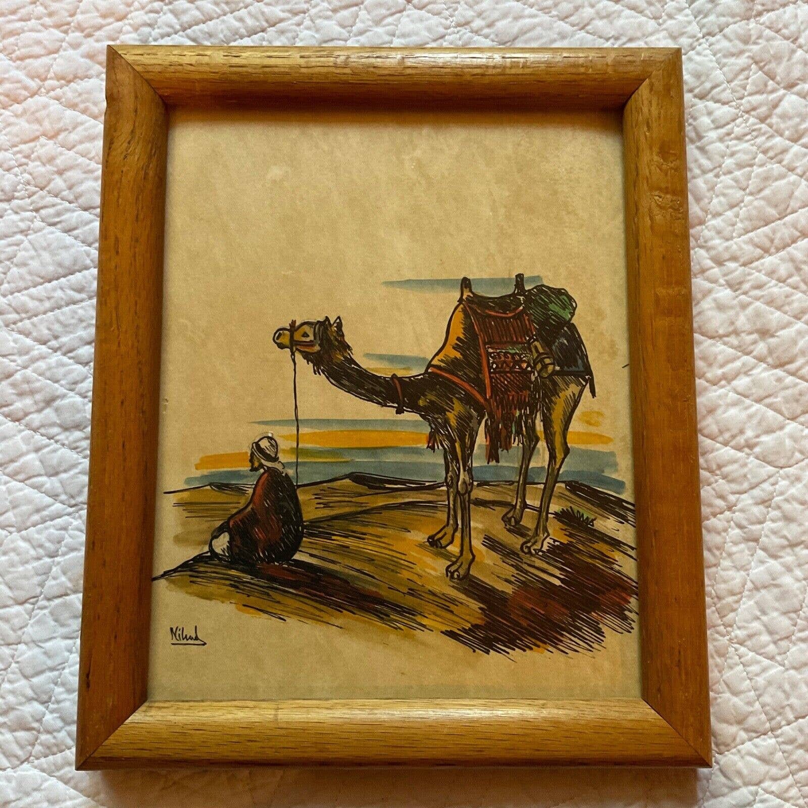 Vintage 70s Landscape Camel Watercolor Ink Painting by Nihad Hand ...