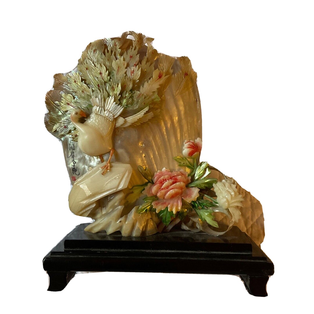 Vintage 1970s MOP Mother of Pearl Shell Carved Peacock Flower Asian ...