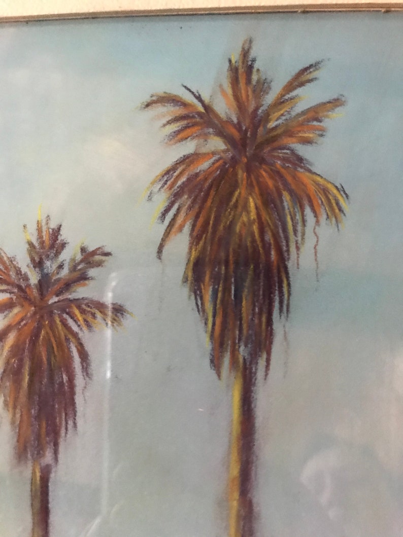 Vintage Desert Landscape Palm Trees Hand Drawn Pastel Chalk Drawing ...
