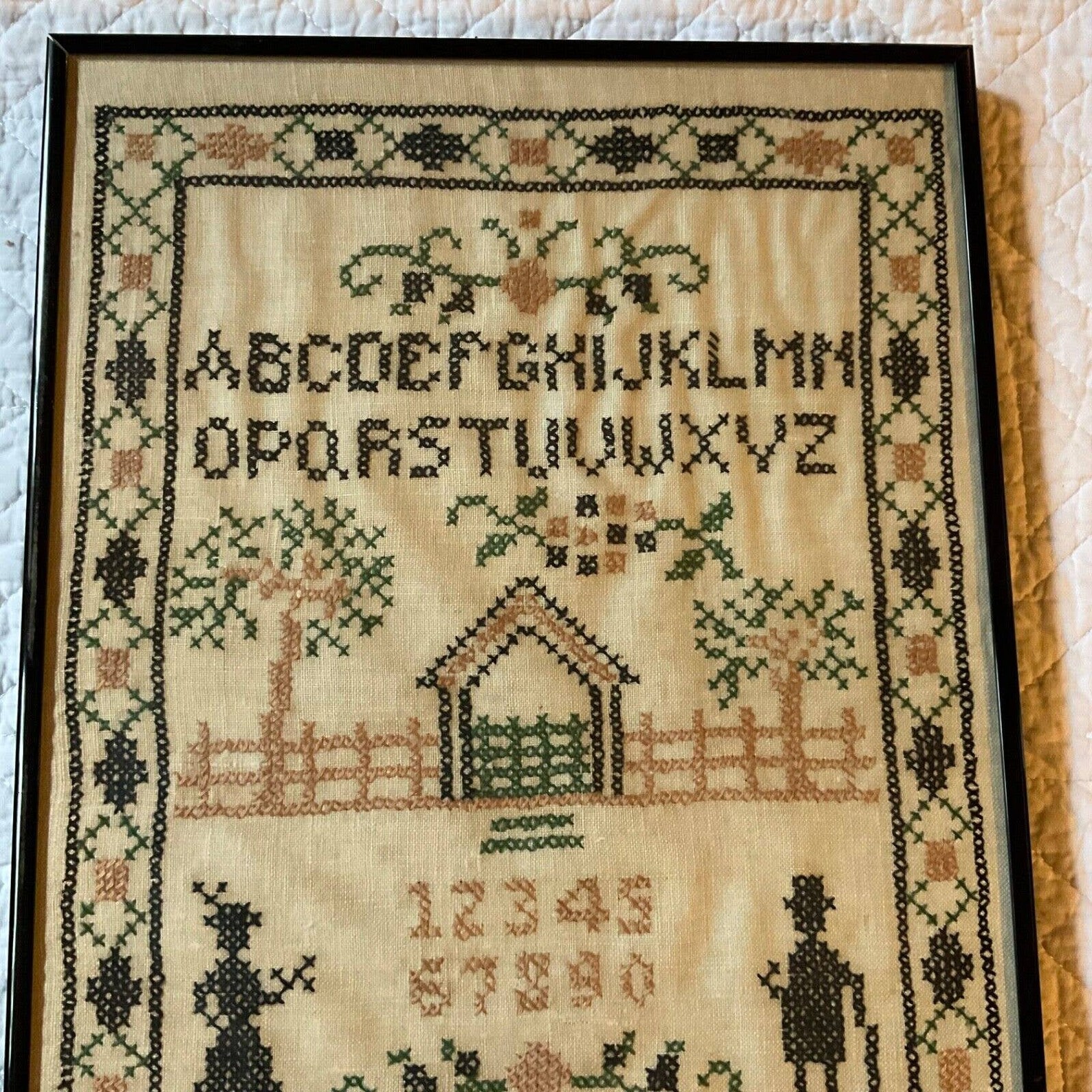 Vintage 20-30 Abc Cross Stitch Sampler Needlepoint Wall Hanging Linen ...