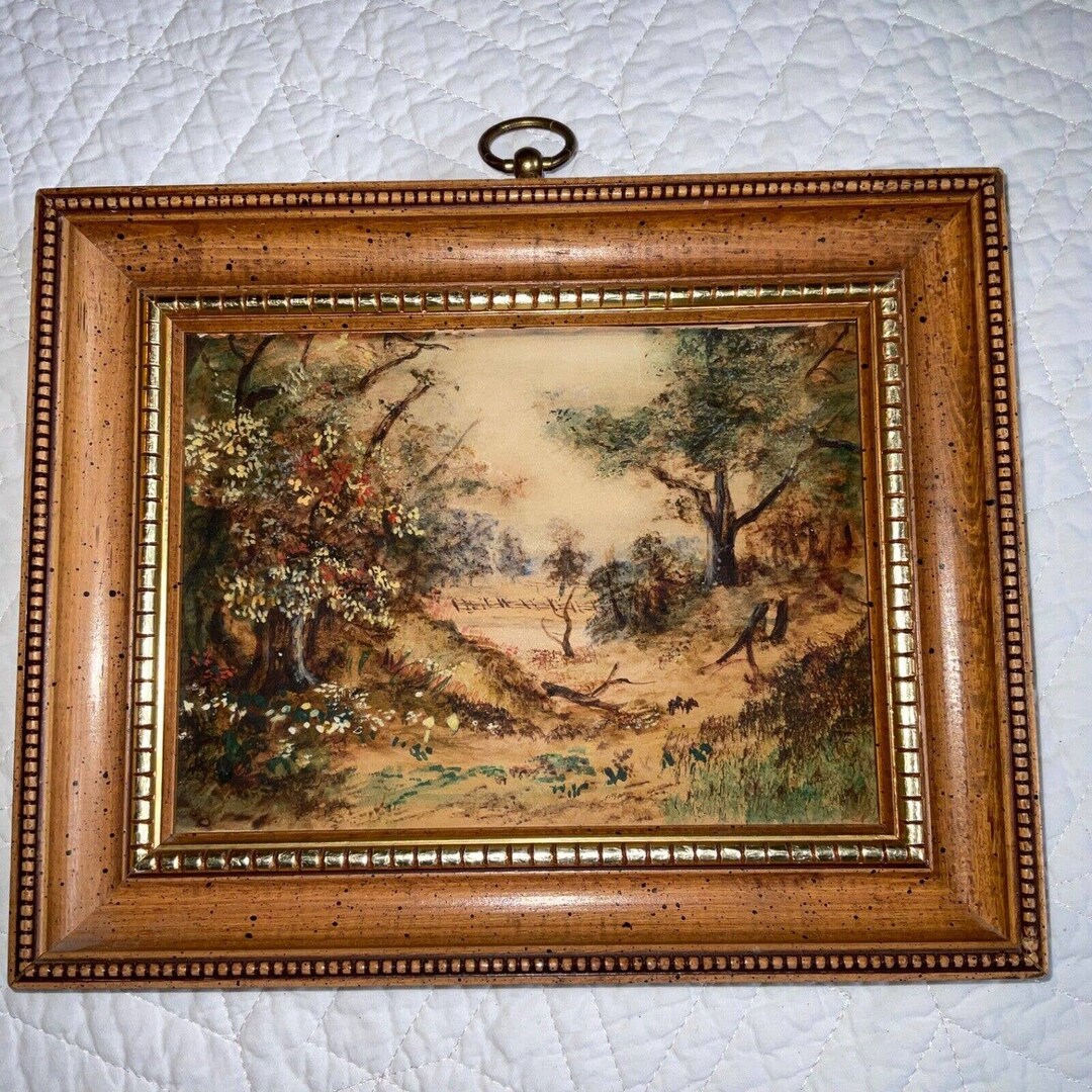 Vintage 50s Landscape Watercolor Painting Framed Trees Hand Painted ...
