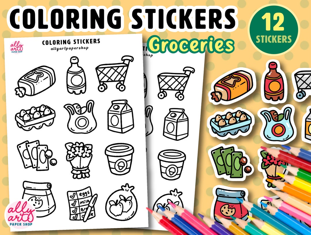 Coloring Sticker Sheet - Grocery Coloring Stickers - Stickers to Color ...