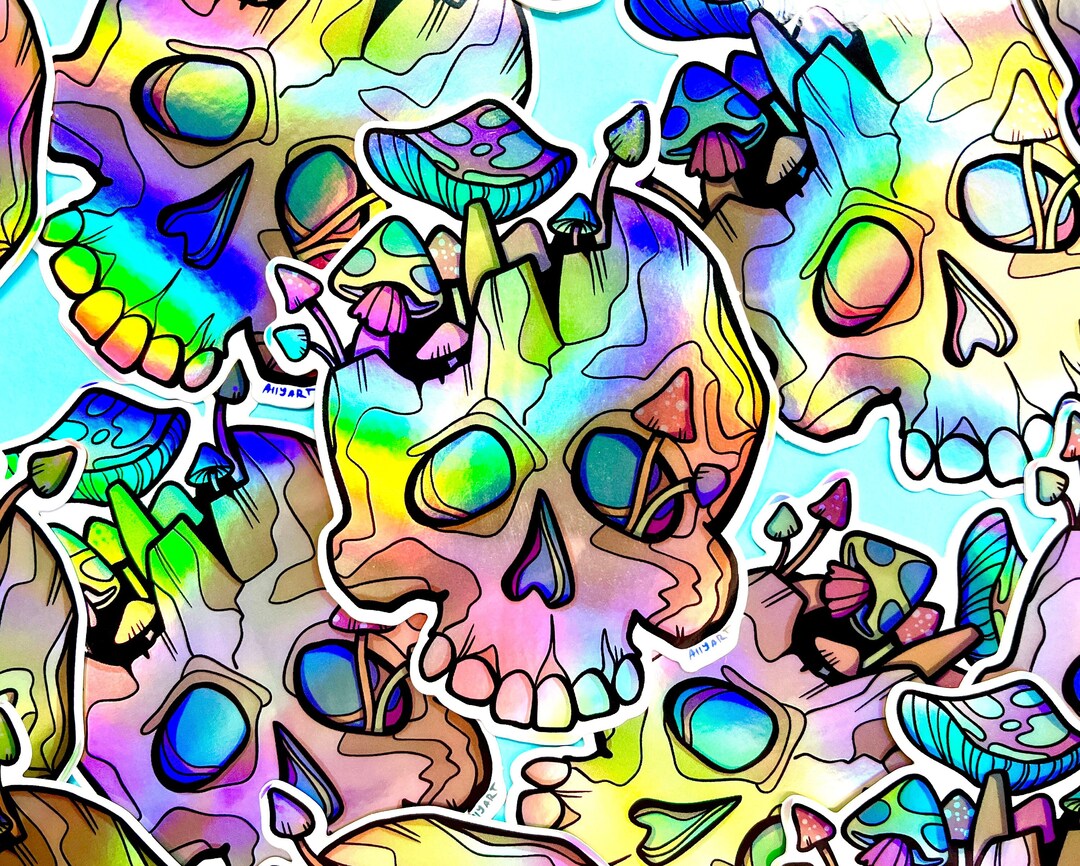 Holographic Skull Sticker - Trippy Skull Sticker - Mushroom Sticker ...