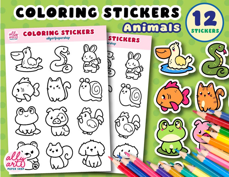 Animal Coloring Sticker Sheet - Stickers to Color - Cute Stationary ...