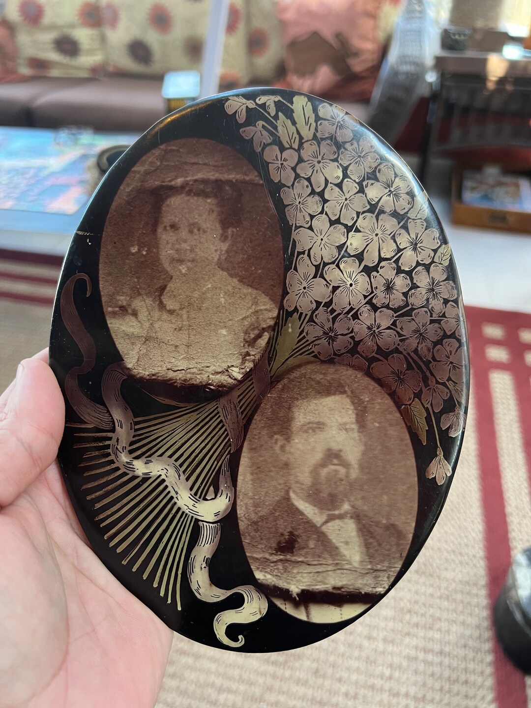 Antique Victorian Wedding Picture With Flowers Bouquet Celluloid Front ...