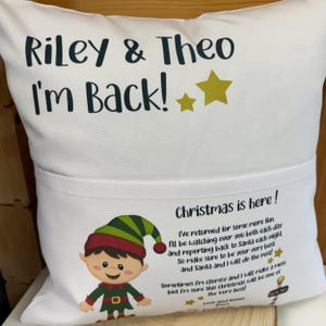 Personalised Elf is Back Cushion, Christmas Pocket Cushion, Christmas ...