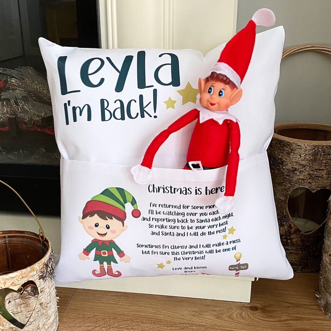 Personalised Elf is Back Cushion, Christmas Pocket Cushion, Christmas ...