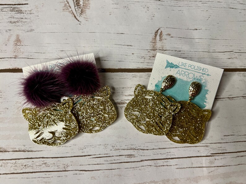 Pom Pom Gold Glitter Tiger Head Earrings Purple Pom Poms or Studs - Etsy