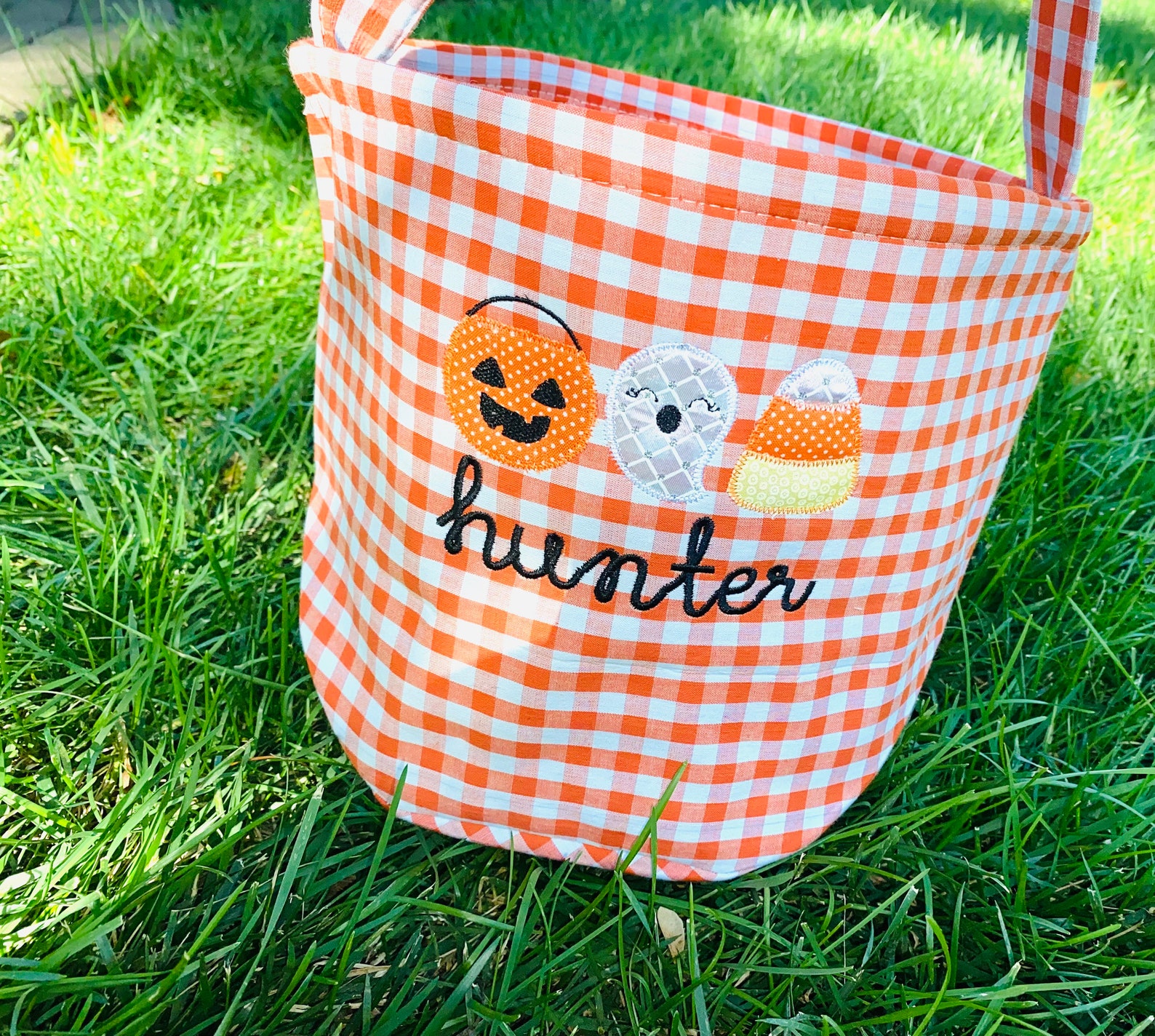 Orange Gingham Halloween Bucket, Personalized Halloween Bucket, Candy ...