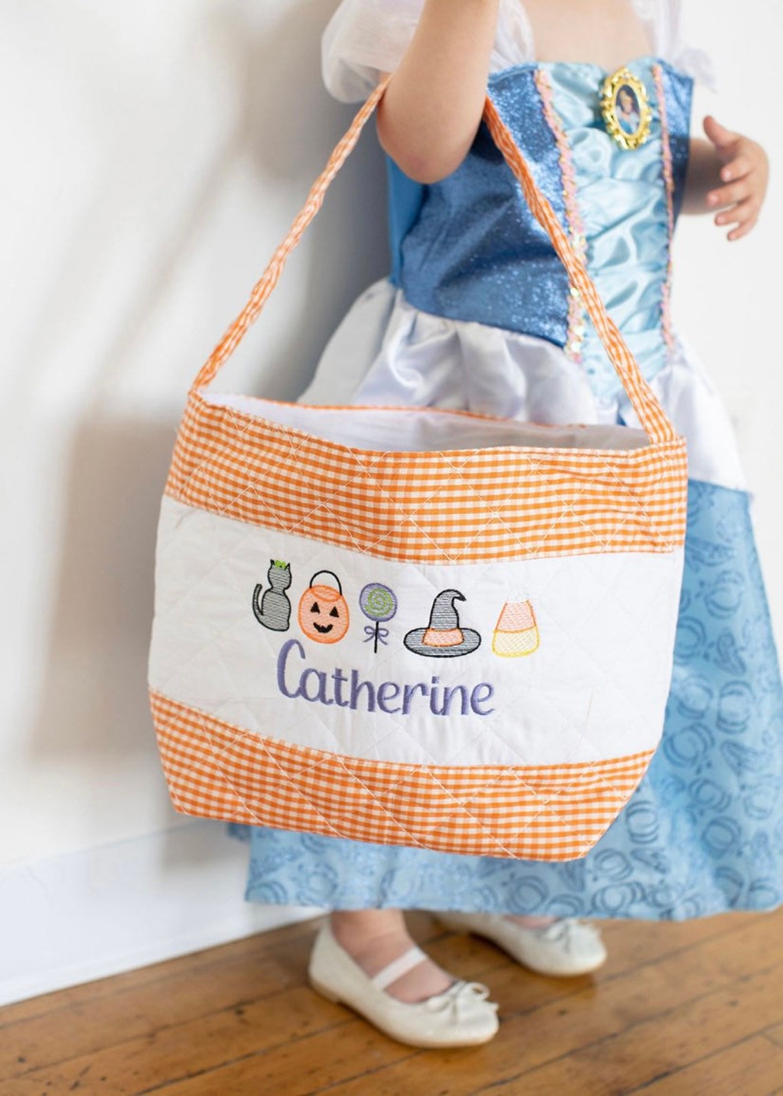 Orange Gingham Halloween Bucket Personalized Halloween - Etsy