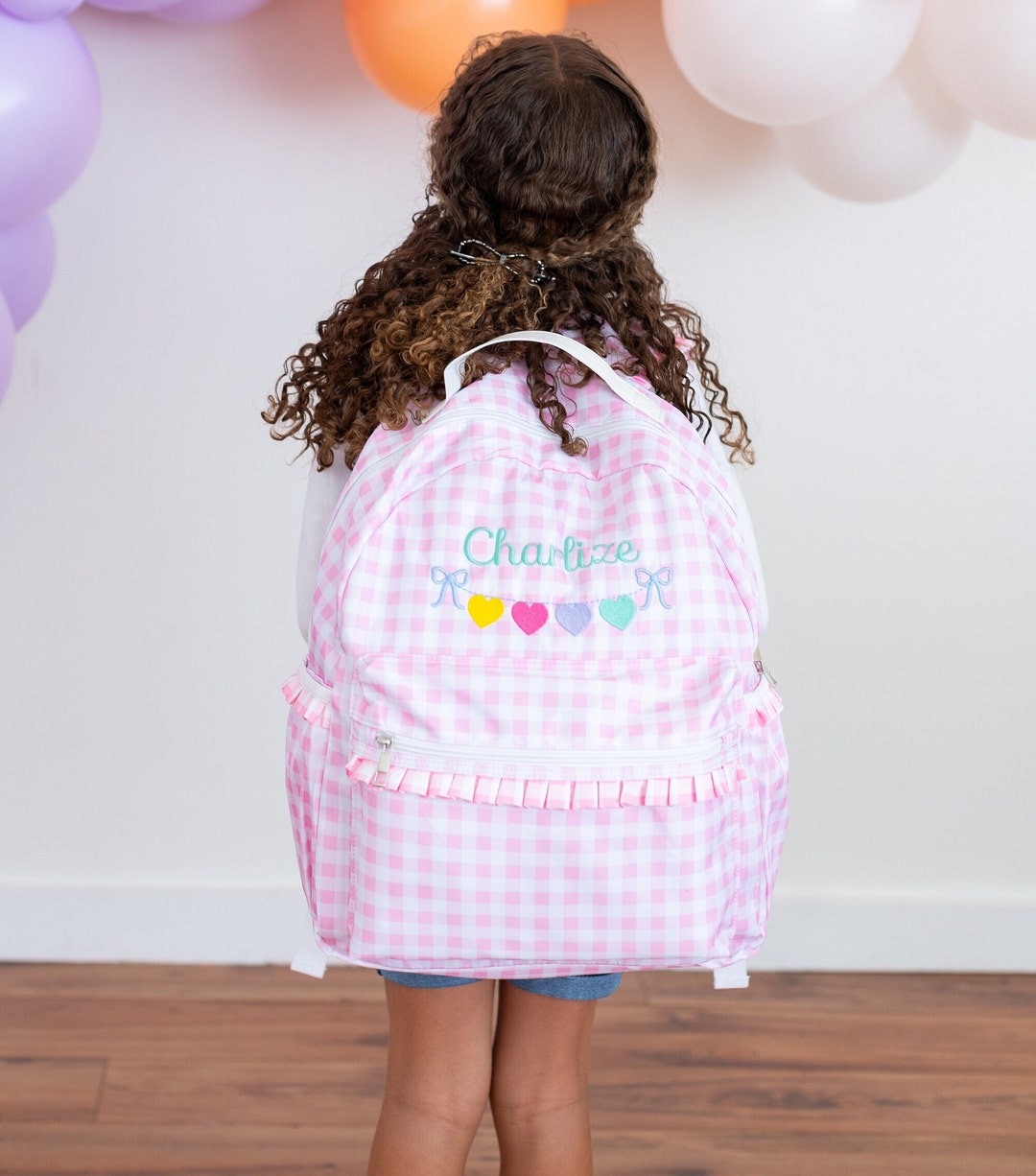 Gingham Kids Personalized Backpack, Girls Pink Ruffle Bookbag ...