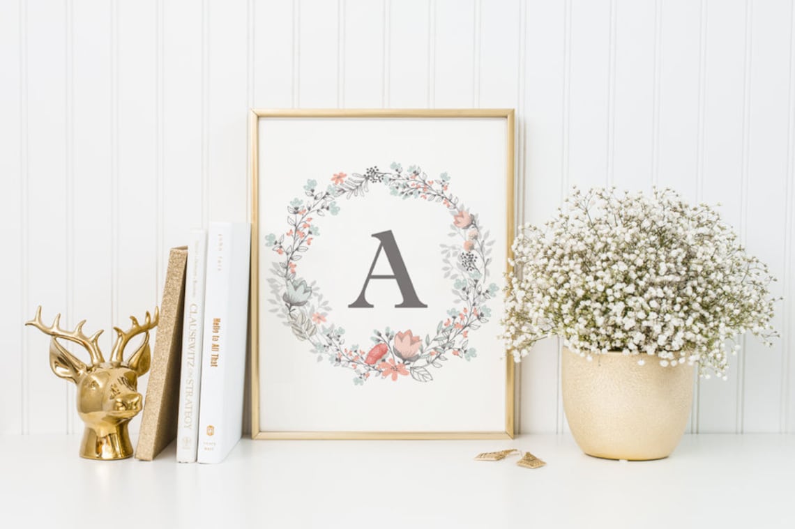 Custom Initial Print, Nursery Print, Newborn Baby Initial Gift, Flower ...