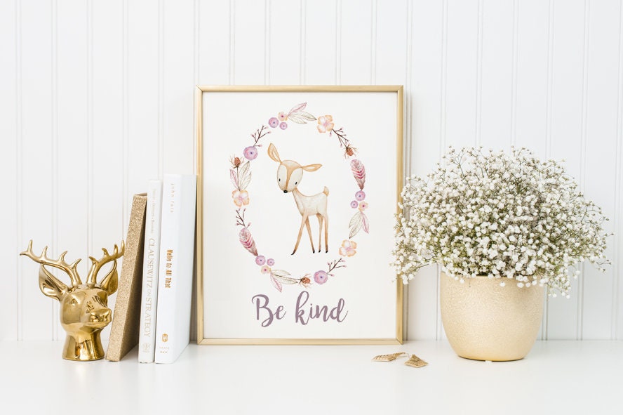 Baby Girl Nursery Decor, Boho Woodland Watercolor Deer Animal & Wreath ...